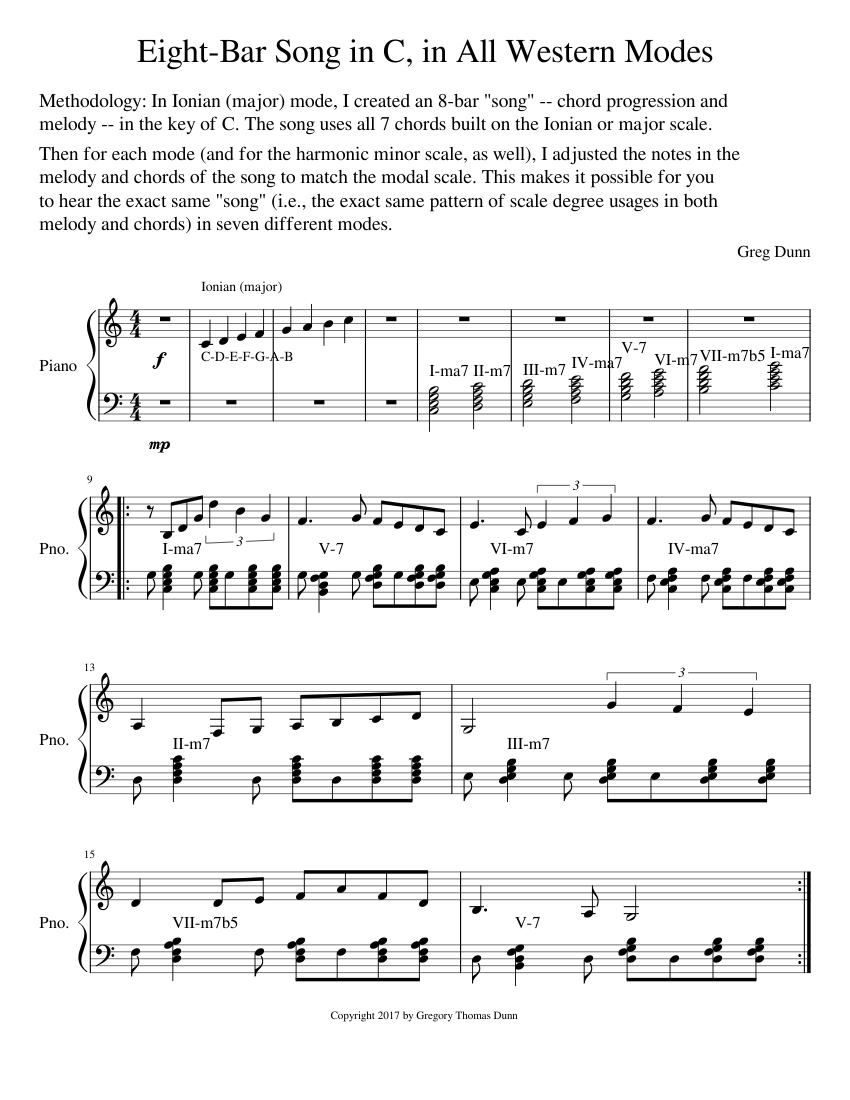 Eight Bar Song in C All Western Modes Sheet Music for Piano (Solo ...