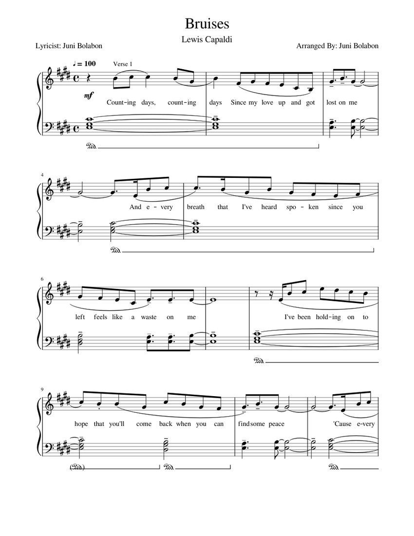 Bruises Sheet Music for Piano (Solo) easy | MuseScore.com