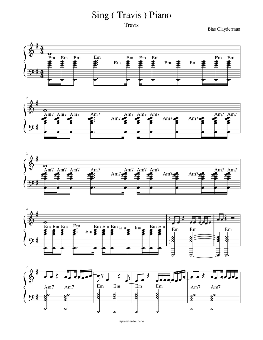 Travis Sing Piano Sheet Music with Chords for Piano (Solo) Easy ...