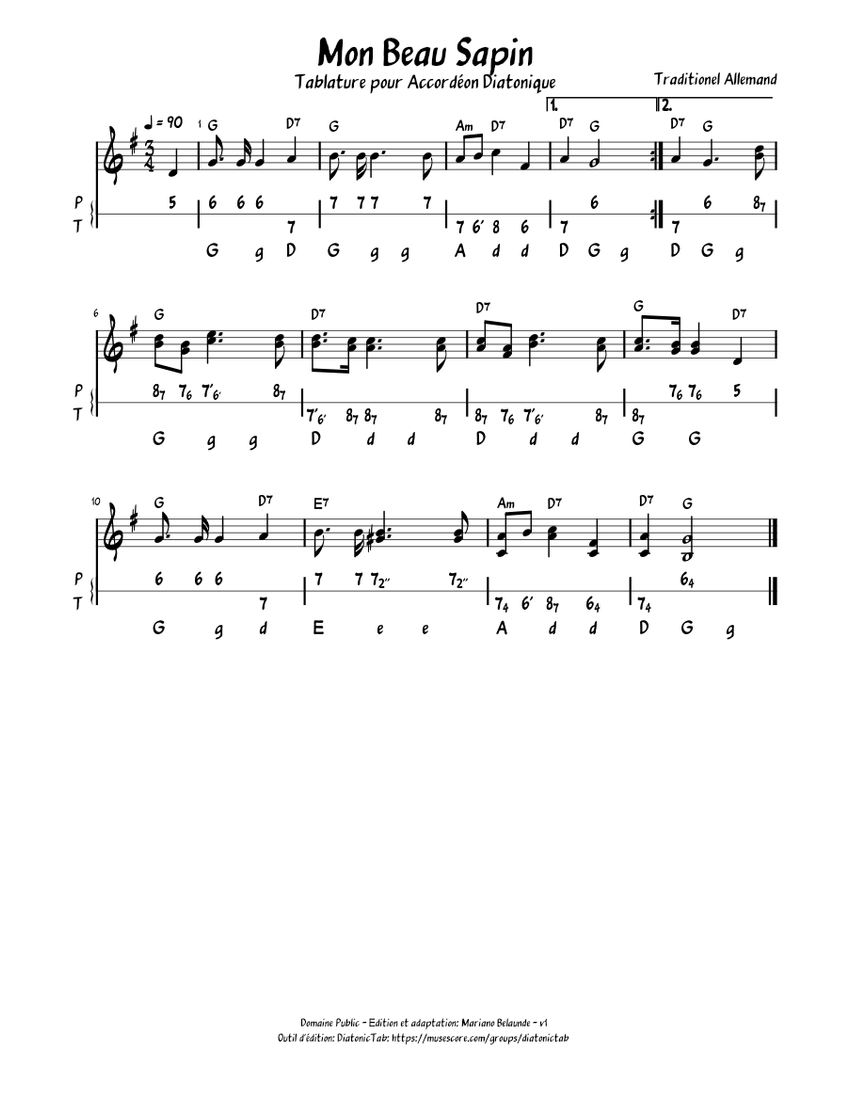 Mon Beau Sapin Sheet Music with Chords for Accordion (Solo) | MuseScore.com