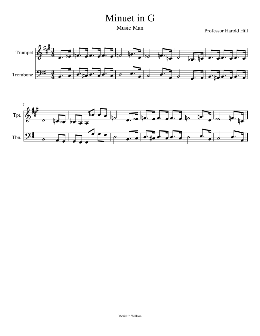 Minuet in G The Music Man Sheet Music for Trombone, Trumpet other (Solo ...