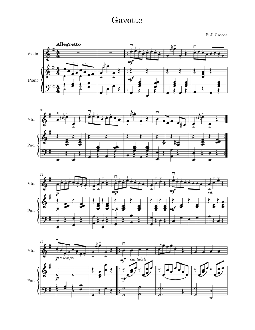 Gavotte – François Joseph Gossec Sheet Music for Piano, Violin (Mixed ...