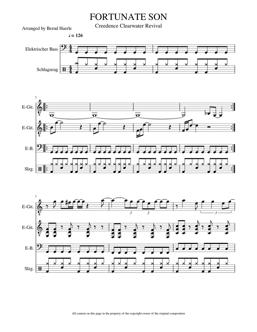 FORTUNATE SON Sheet Music for Guitar, Bass guitar, Drum group (Rock ...