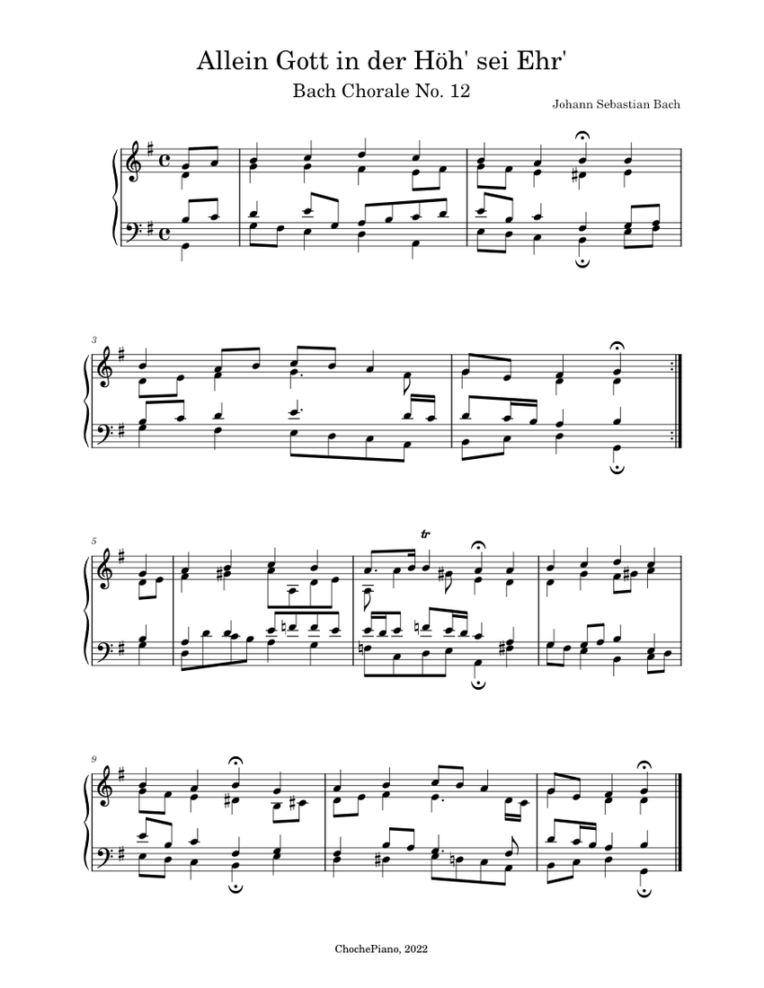 12. Allein Gott in der Höh sei Ehr, 389 Chorales No. 12 – Johann Sebastian Bach Sheet music for ...