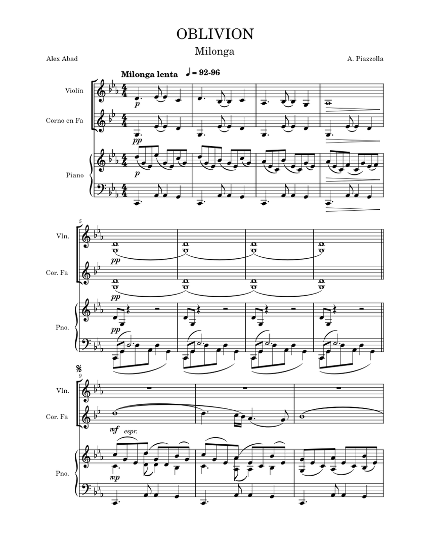 Oblivion – Astor Piazzolla Sheet music for Piano, French horn, Violin ...