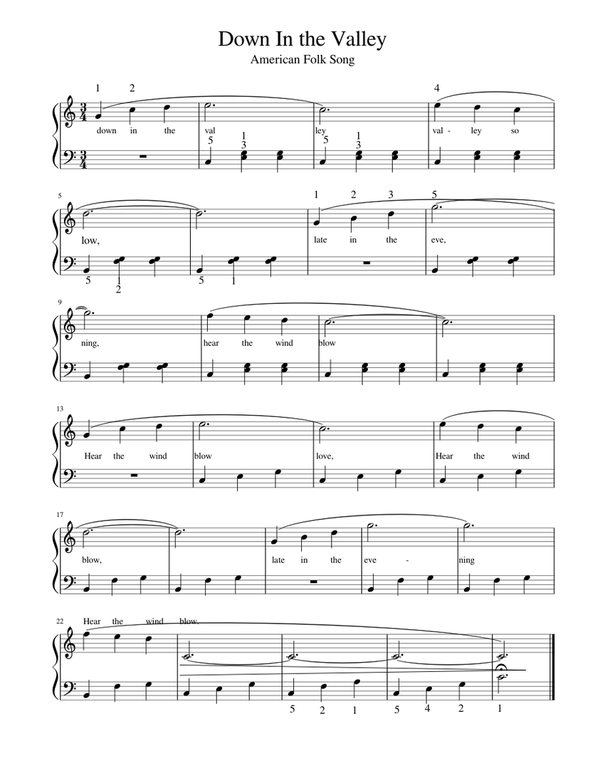 Down In the Valley Sheet Music with Chords for Piano (Solo) easy ...