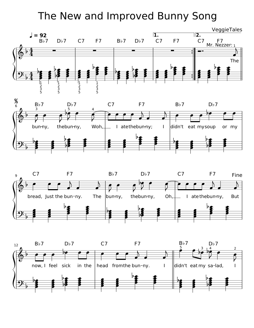 The New and Improved Bunny Song Sheet Music with Chords for Piano (Solo ...