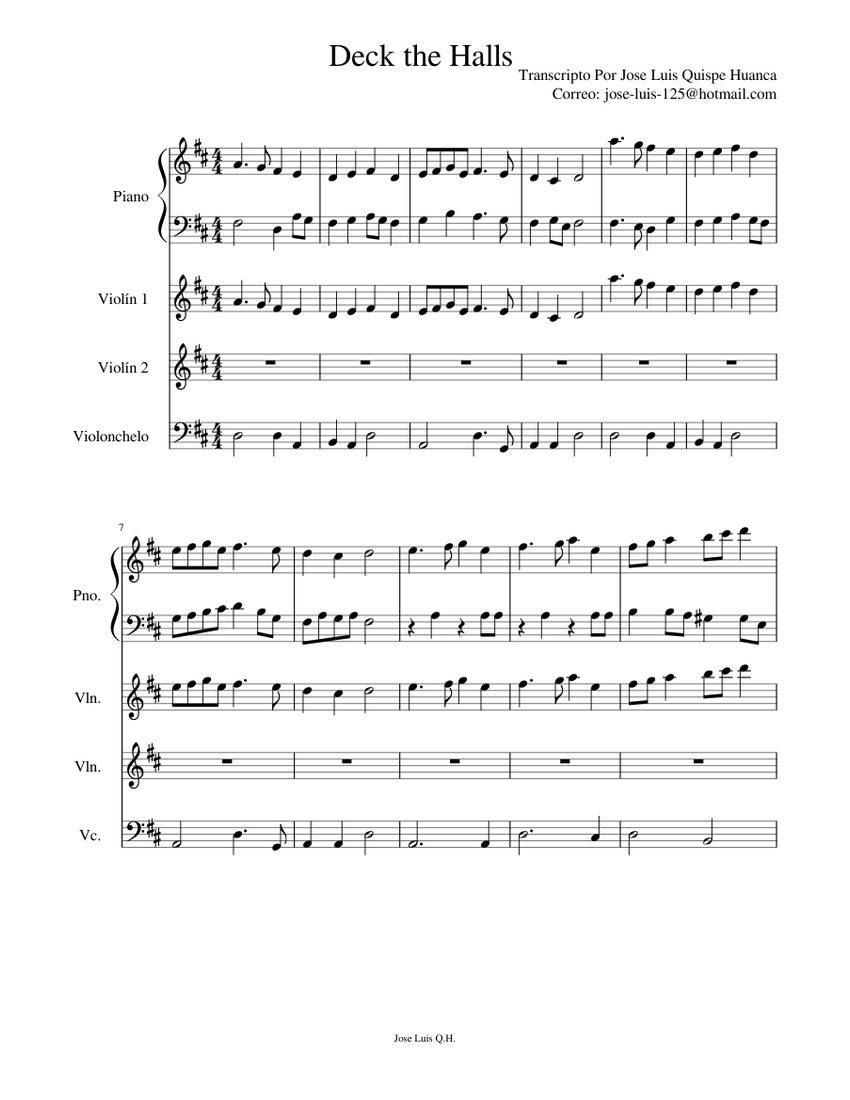Deck the Halls completo Sheet Music for Piano, Violin, Cello (String ...