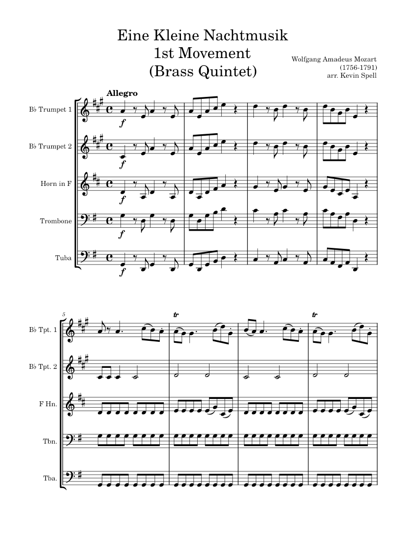 Eine Kleine Nachtmusik 1st Movement Brass Quintet W A Mozart Sheet