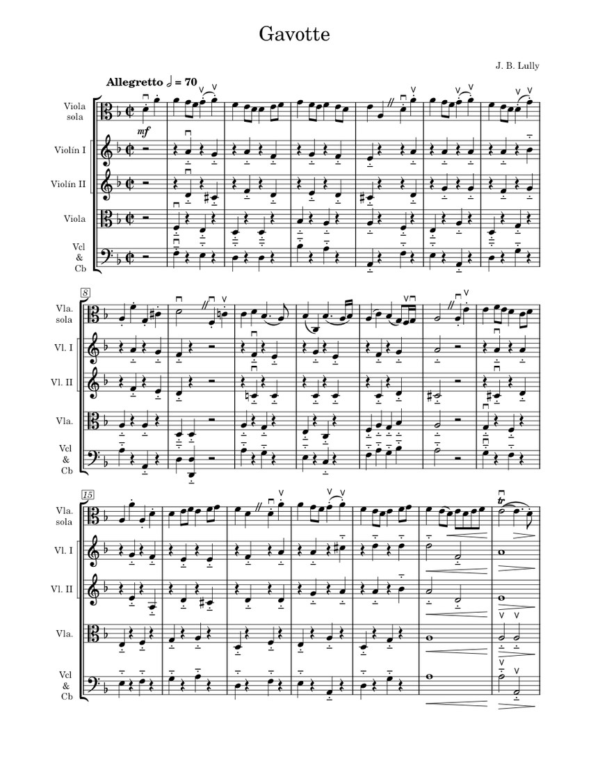 Gavotte – Lully, Jean-Baptiste (arr. vla. sol. y orq. de cuerda) Sheet ...