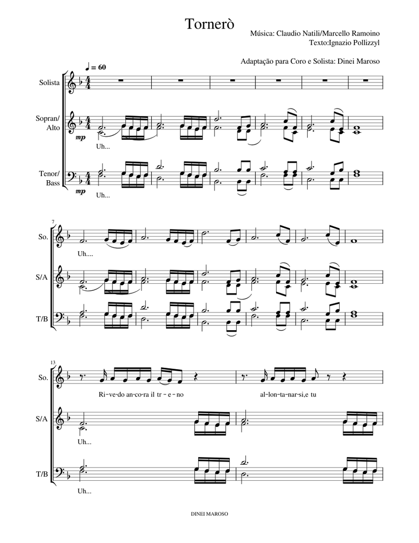 Tornerò Sheet music for Soprano, Alto, Bass voice (SATB) | Musescore.com