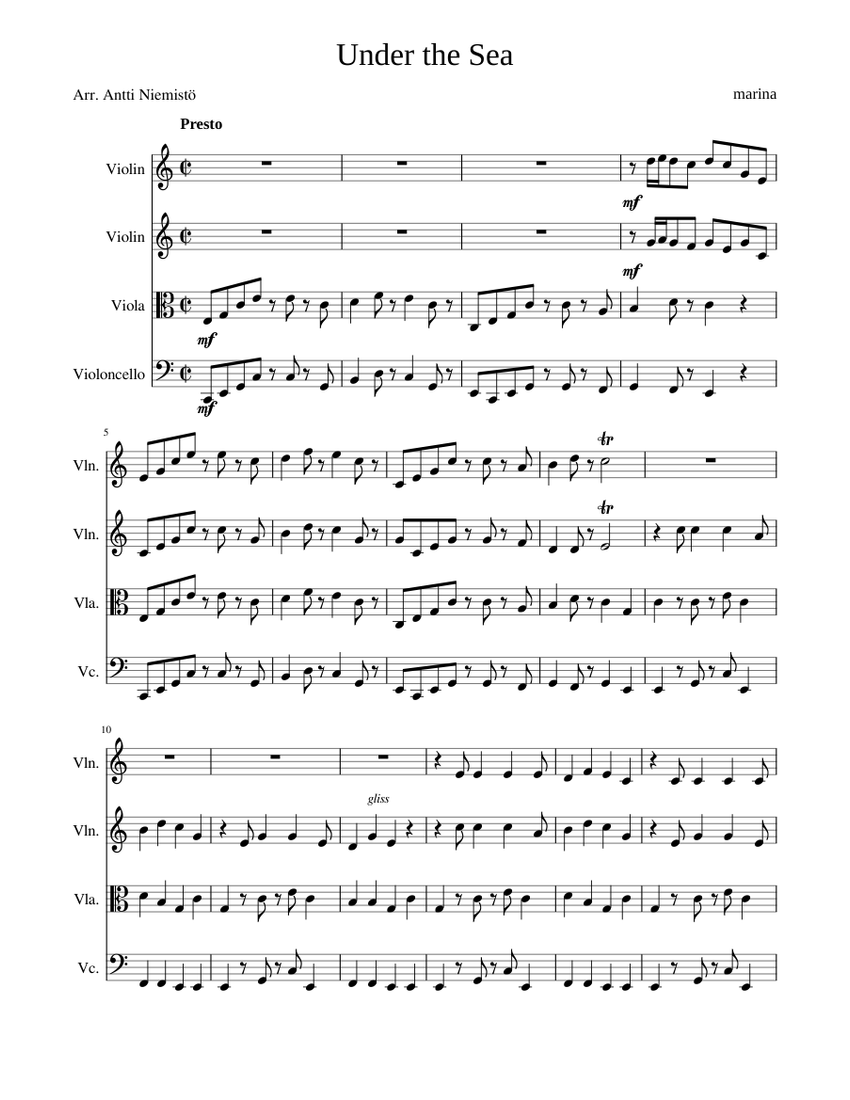 Under the Sea quartet arr Sheet Music for Violin, Viola, Cello (String ...