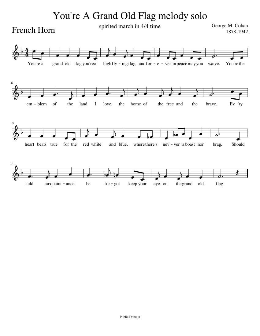 You're a Grand Old Flag French Horn melody solo FM Sheet music for ...