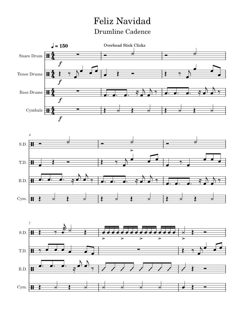 .Feliz Navidad - Drumline Cadence Sheet Music for Snare drum, Crash ...