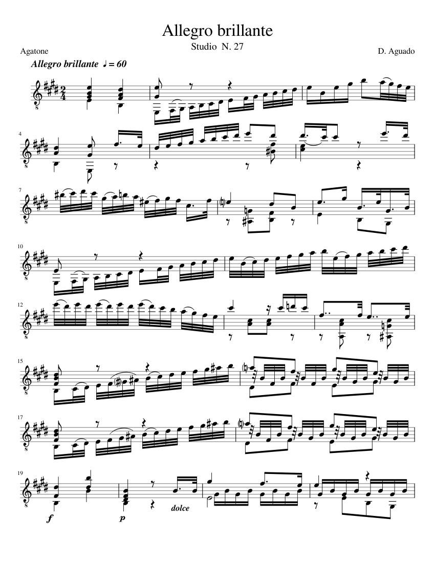 D. Aguado Studio N.27 (Metodo) Allegro brillante Sheet Music for Guitar ...
