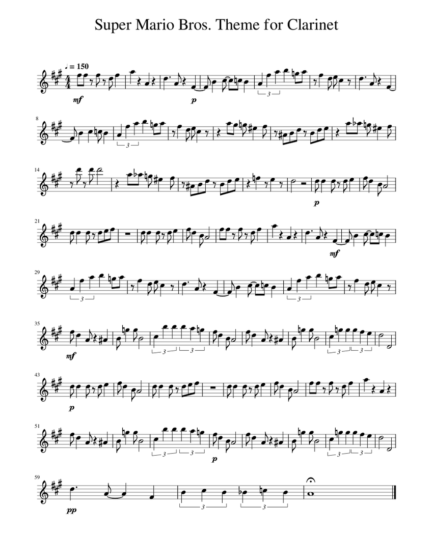 Super Mario Bros. Theme for Clarinet Sheet Music for Clarinet in b-flat ...