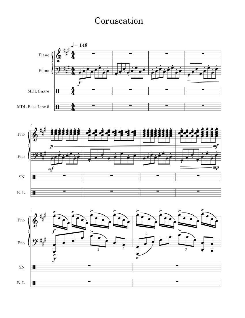 Coruscation Sheet music for Piano, Snare drum, Bass drum (Mixed Ensemble) | Musescore.com