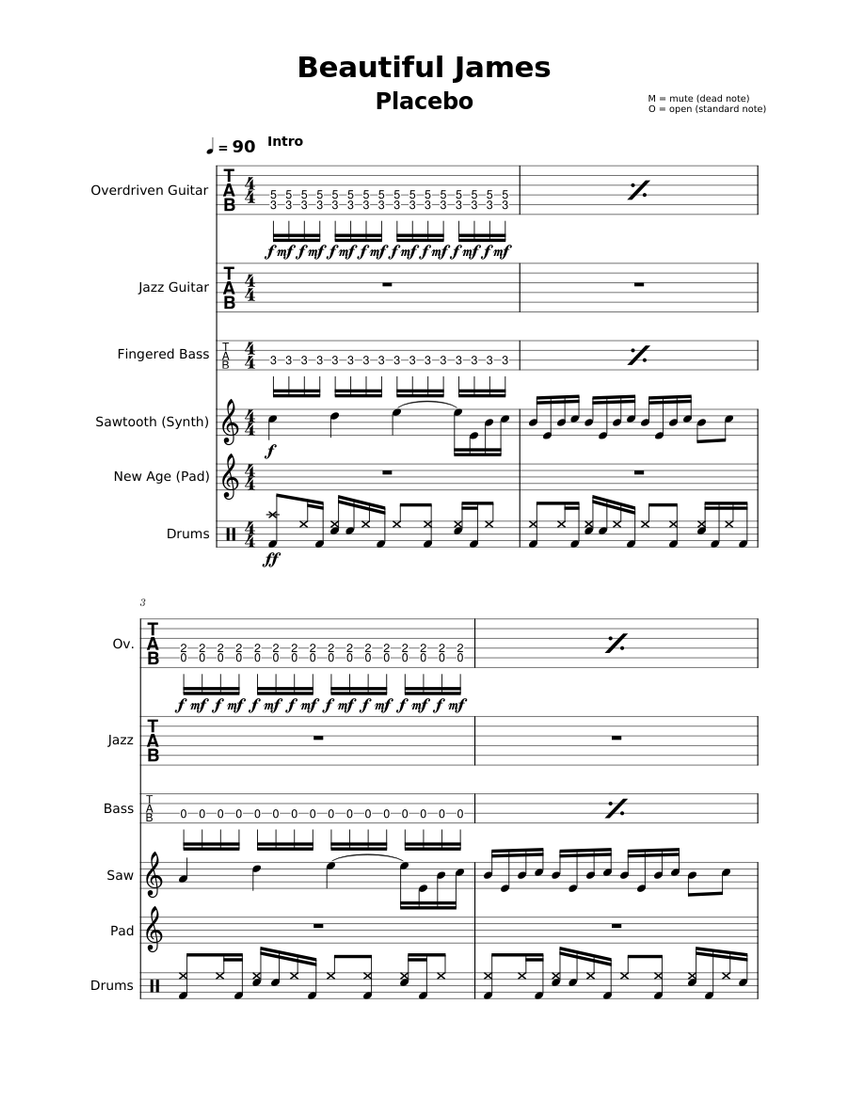 Beautiful James – Placebo Sheet Music and Tab for Guitar, Bass guitar ...