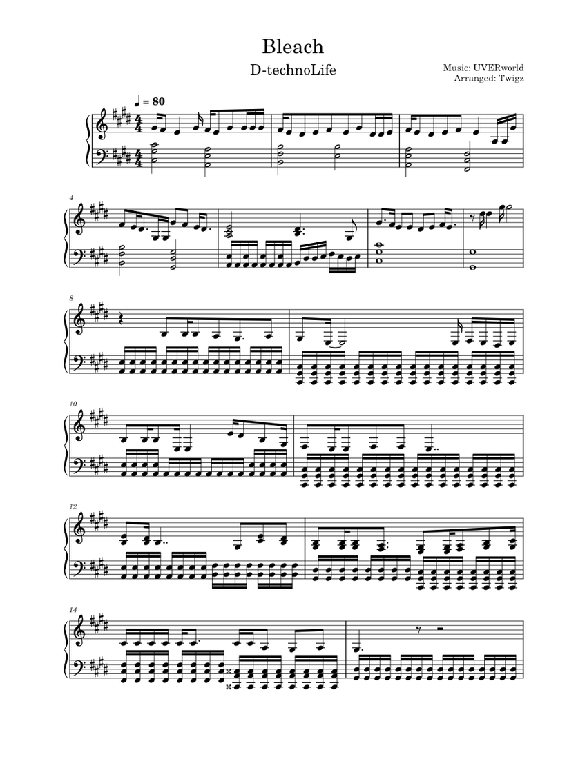 Bleach OP 2 D-technolife – UVERworld Sheet music for Piano (Solo ...
