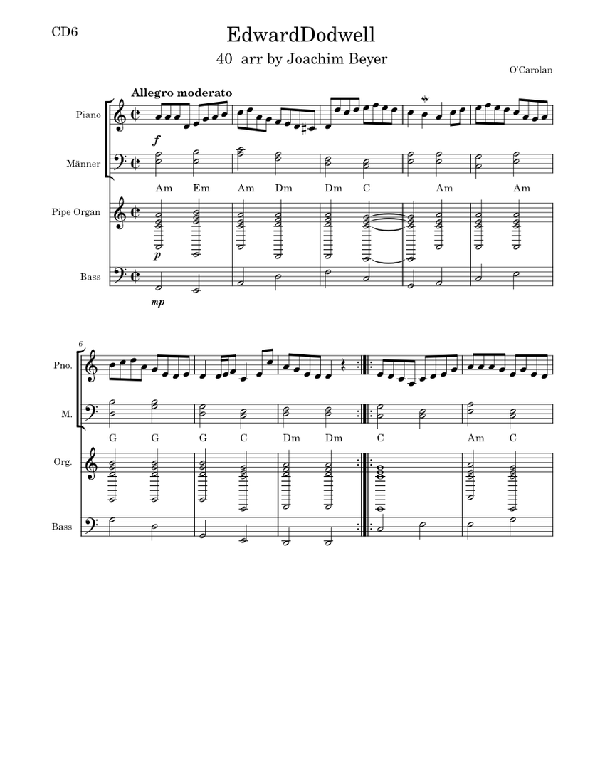 Edward Dodwell – Turlough O'Carolan Sheet music for Piano, Female, Bass ...