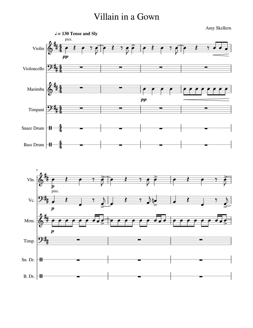 Villain in a Gown Sheet music for Timpani, Snare drum, Violin, Cello ...