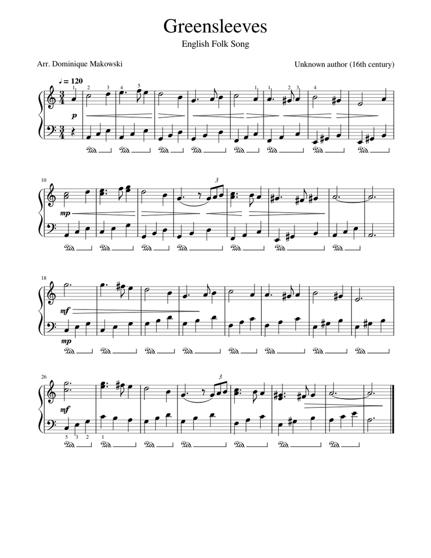 Greensleeves for Piano (easy and beautiful) Sheet Music for Piano (Solo ...