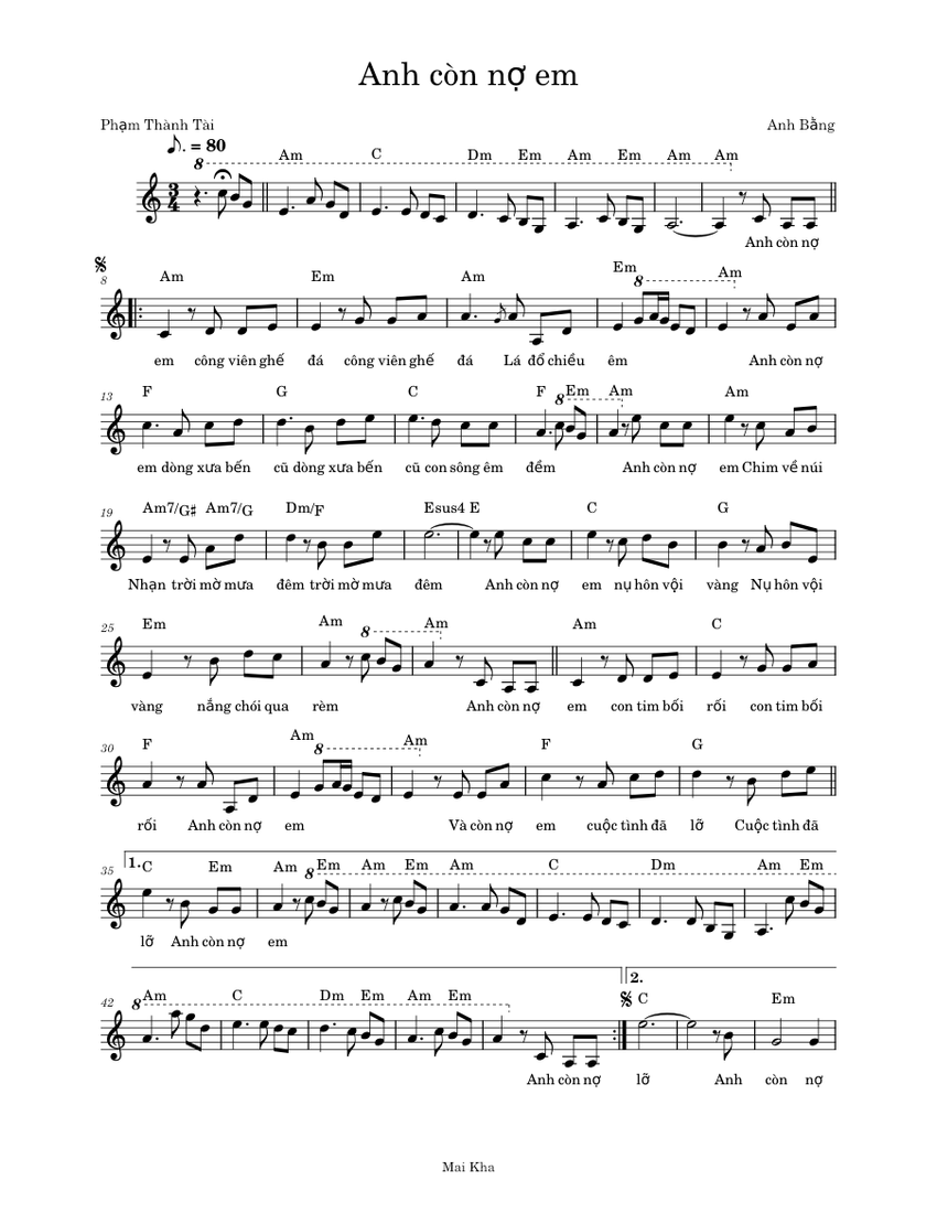 Anh còn nợ em – Anh Bằng Anh còn nợ em Sheet Music for Piano (Solo ...
