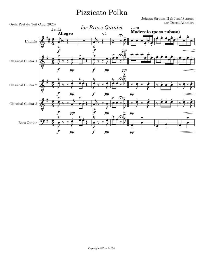 Strauss, J II. Pizzicato Polka. arr. D'Ashmore Quintet Sheet music for ...
