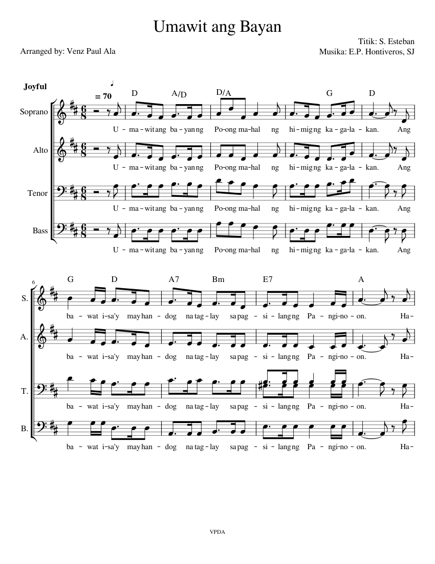 Umawit ang Bayan Sheet Music with Chords for Soprano, Alto, Tenor, Bass ...
