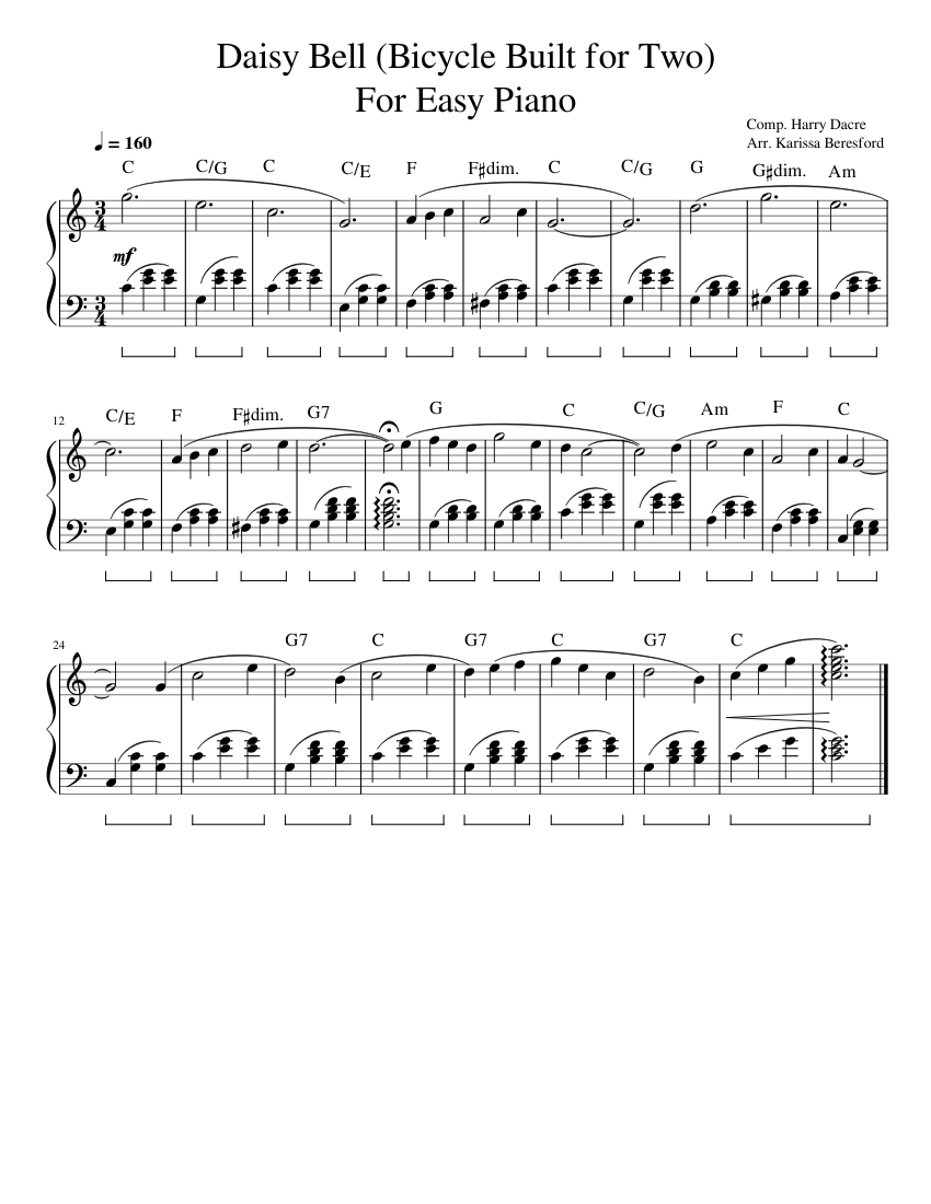 Bicycle Built for Two Easy Solo Piano Sheet Music with Chords for Piano ...
