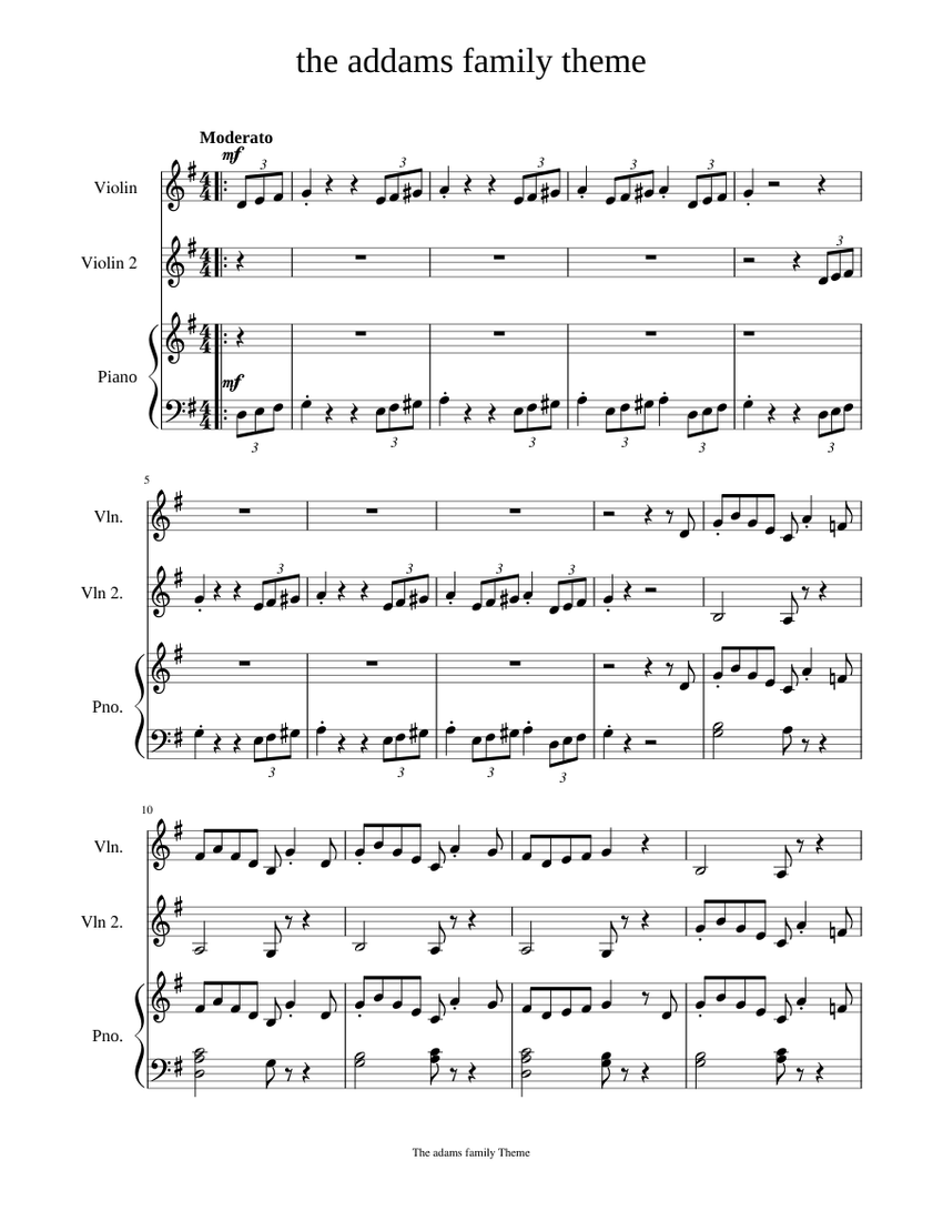 the addams family theme Sheet Music for Piano, Violin (Mixed Trio ...