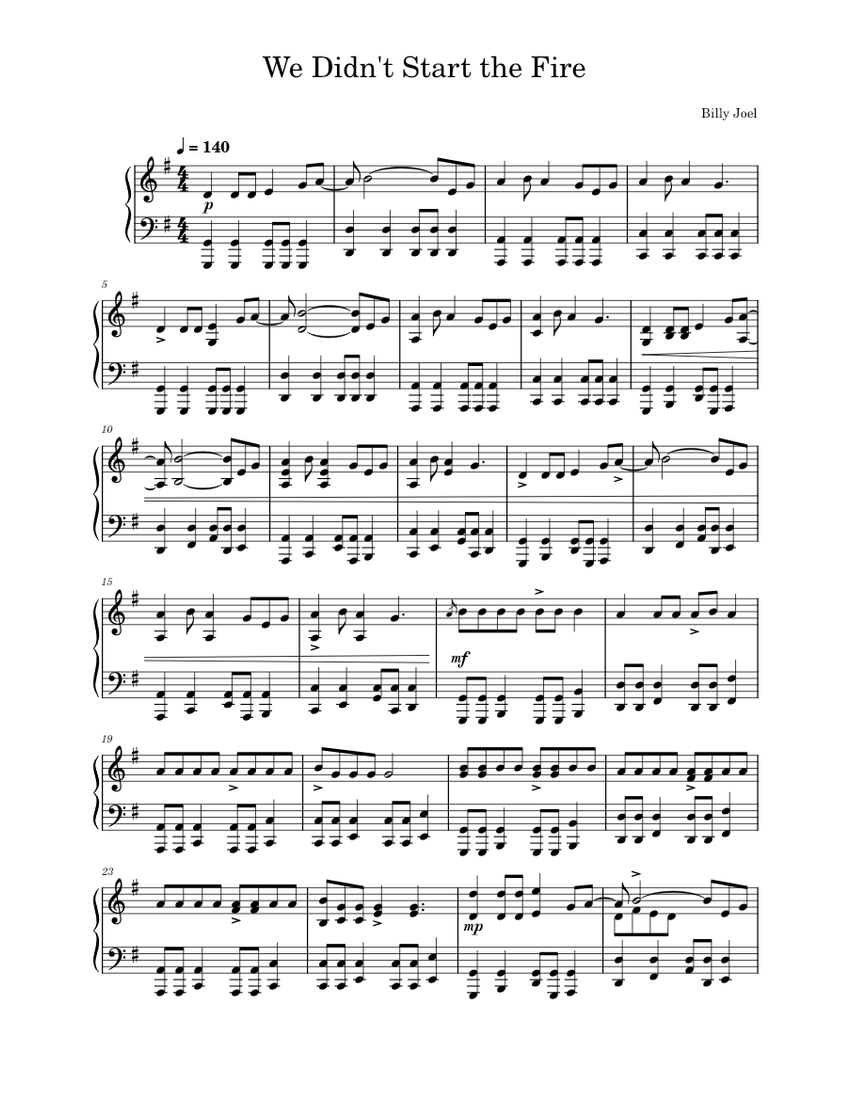 We Didn’t Start the Fire – Billy Joel Sheet Music for Piano (Solo ...