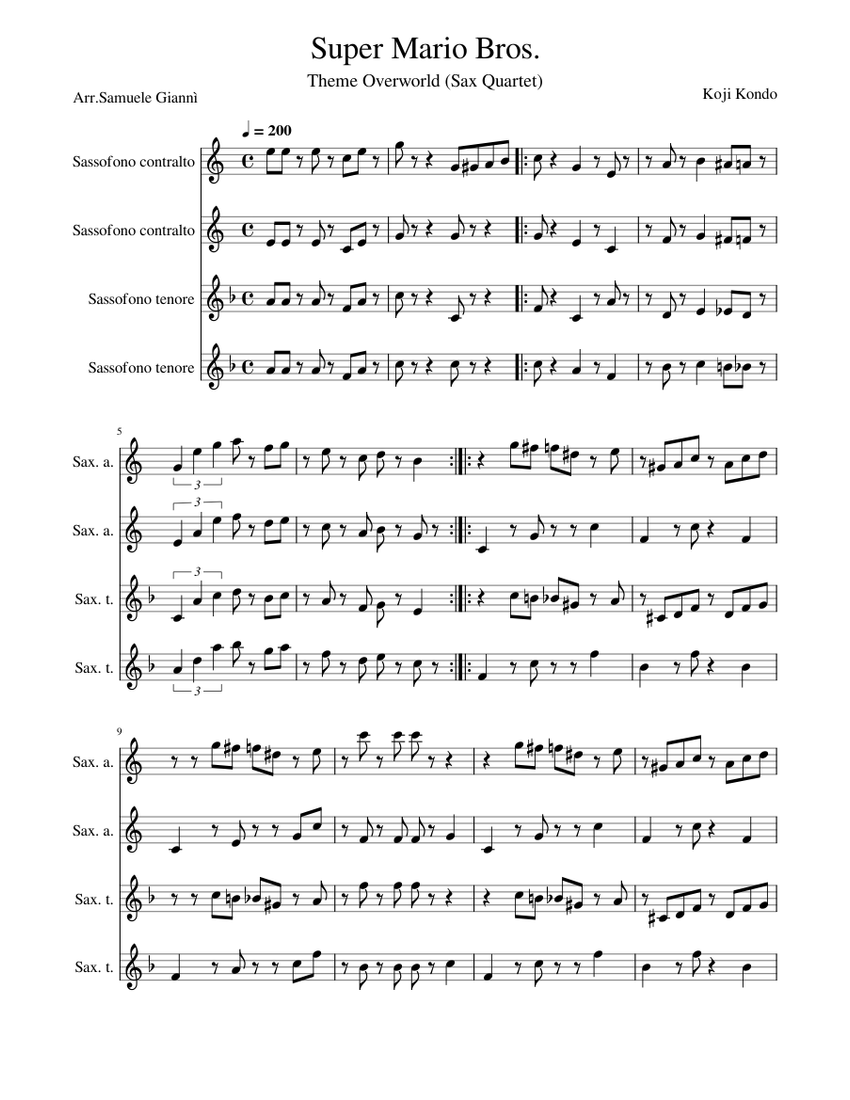 Super Mario Bros. Sax Quartet Sheet Music for Saxophone alto, Saxophone ...