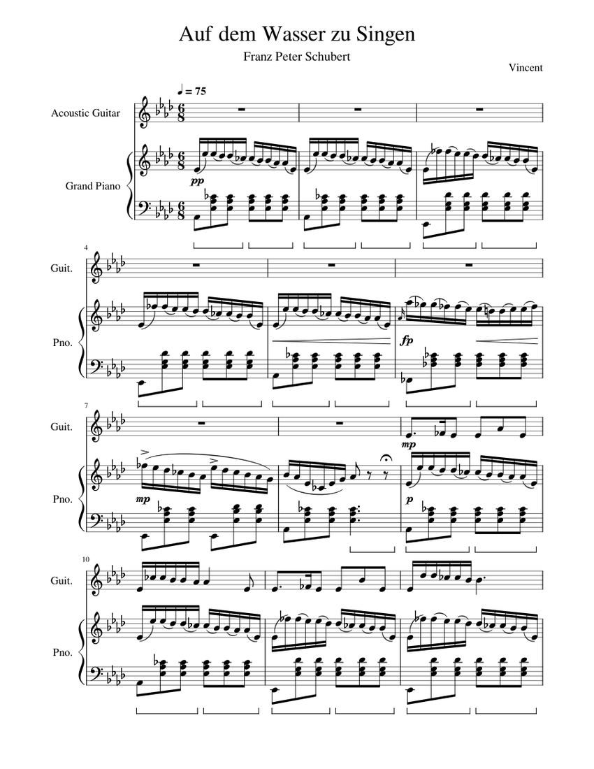 Schubert - Auf dem Wasser zu Singen Sheet Music for Piano, Guitar ...
