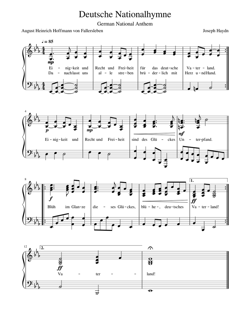 Deutsche Nationalhymne / German National Anthem Sheet music for Piano ...