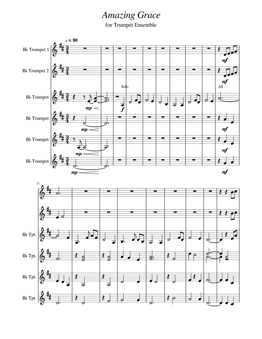 Amazing Grace for trumpet ensemble Sheet Music for Trumpet in b-flat ...