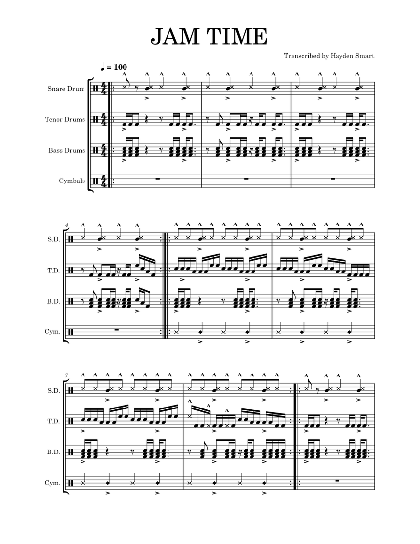 JAM TIME Sheet music for Snare drum, Crash, Tenor drum, Bass drum ...