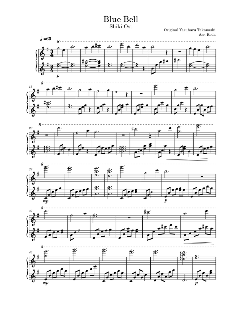 Blue Bell – Yasuharu Takanashi Blue Bell Sheet Music for Piano (Solo ...