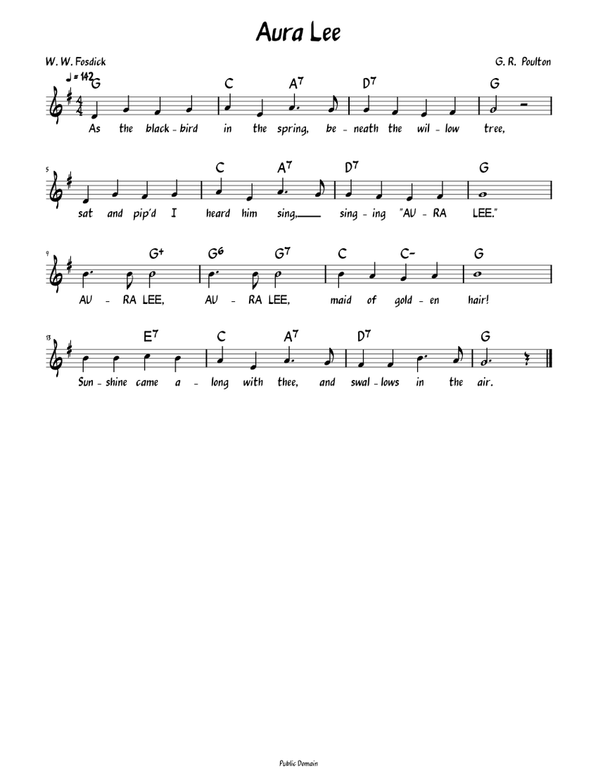 Aura Lee (Lead sheet with lyrics ) Sheet Music with Chords for Piano ...