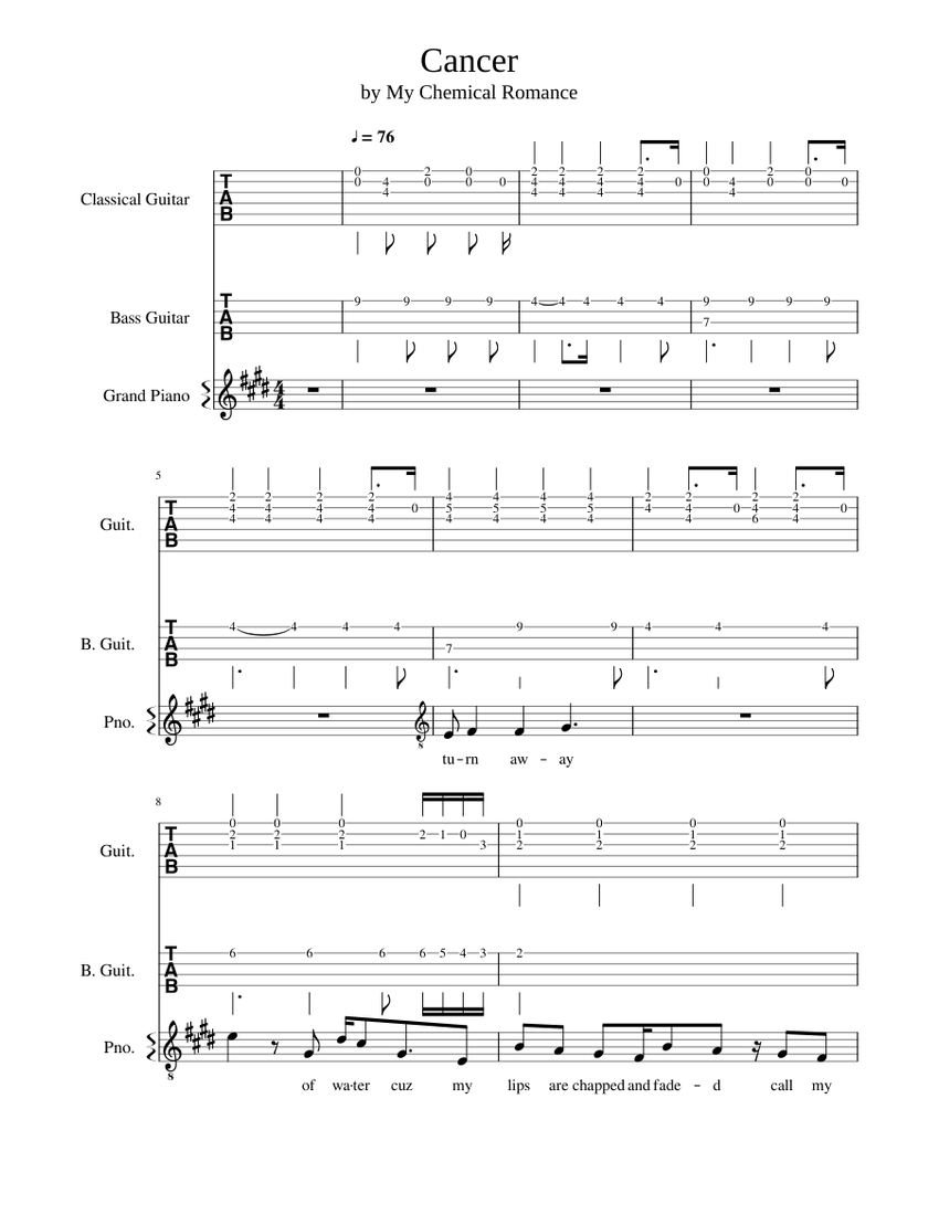 cancer bass and guitar cover Sheet Music for Piano, Guitar, Bass guitar ...