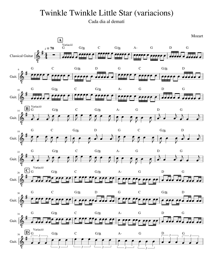 Twinkle Twinkle Little Star (Suzuki variacions) Sheet Music for Guitar ...