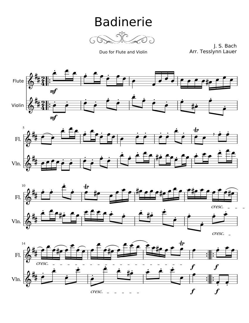 J.S. Bach - Badinerie for Flute and Violin Sheet Music for Flute ...