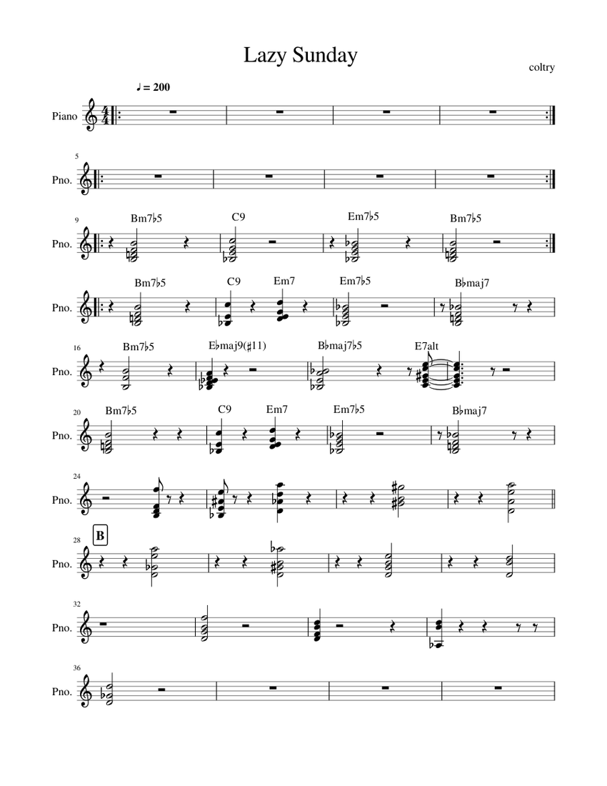 Lazy Sunday Sheet Music with Chords for Piano, Saxophone tenor, Bass ...