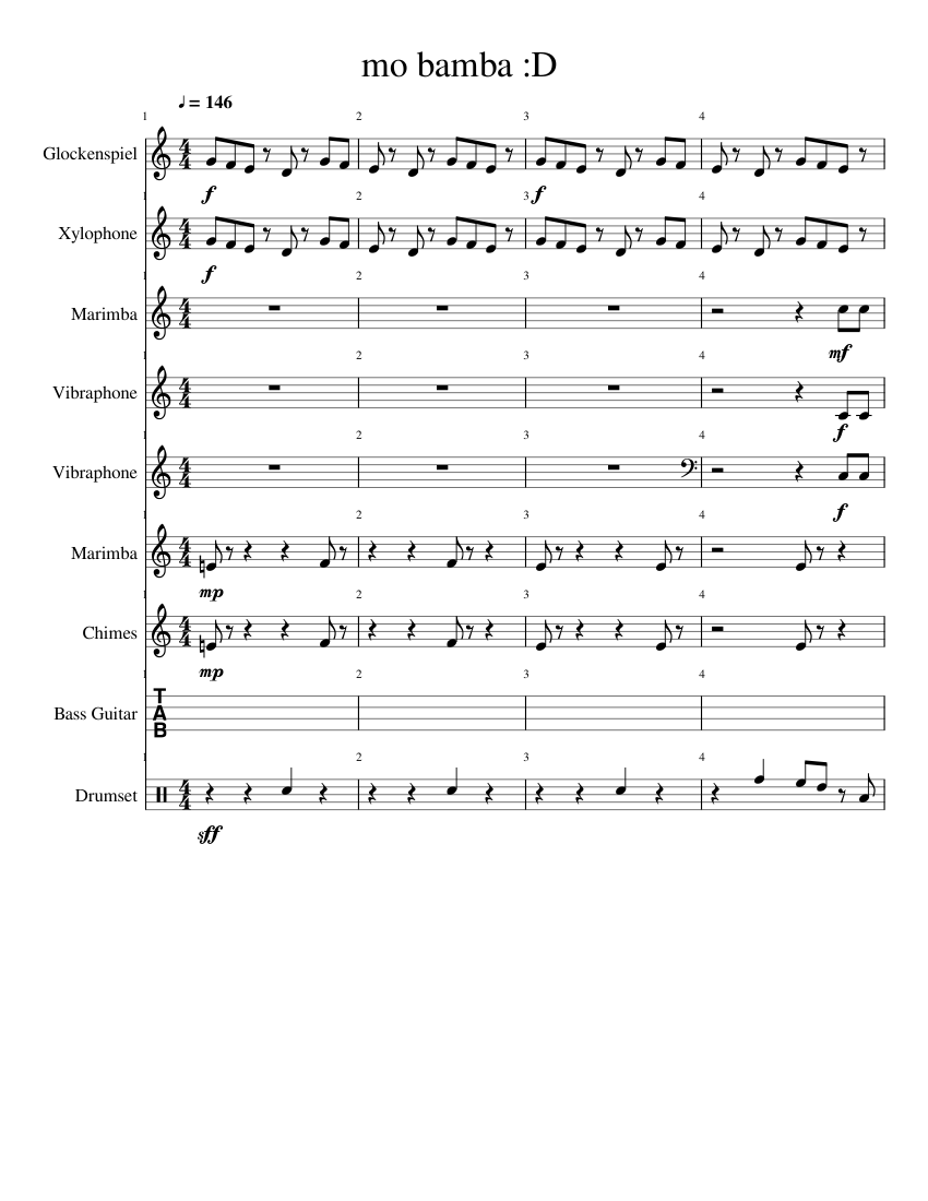 mo bamba :D Sheet music for Vibraphone, Glockenspiel, Bass guitar, Drum ...