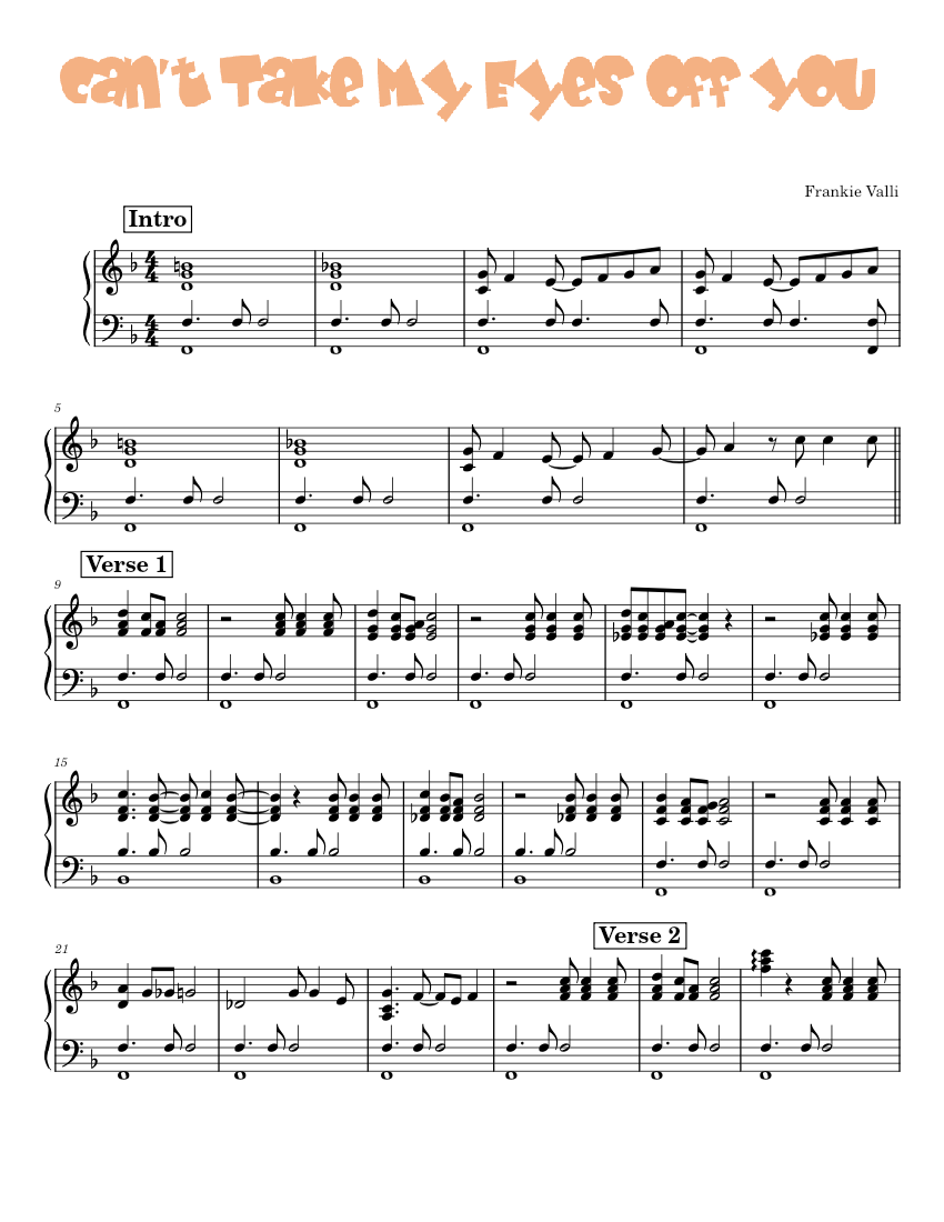 Can't Take My Eyes Off Of You – Frankie Valli Sheet Music for Piano ...