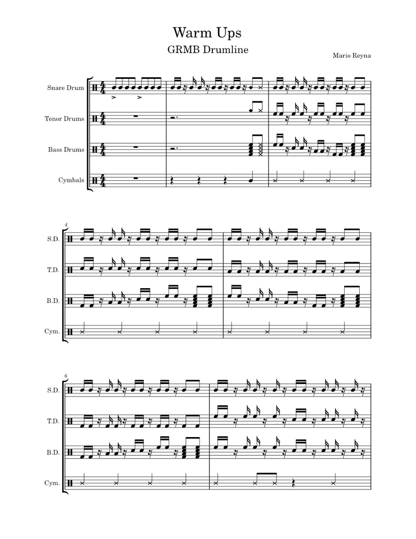 Warm Ups Sheet Music for Snare drum, Crash, Tenor drum, Bass drum ...