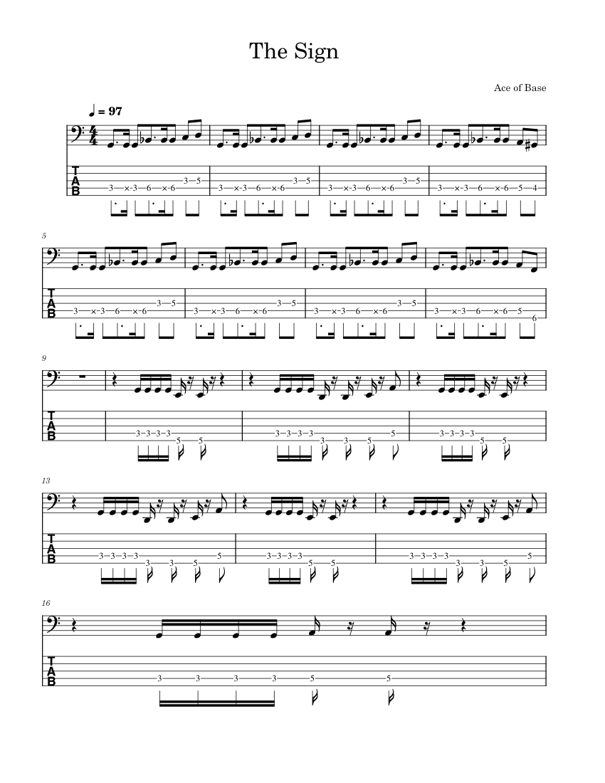 The sign – Ace of Base (bass tab) Sheet music for Bass guitar (Solo ...