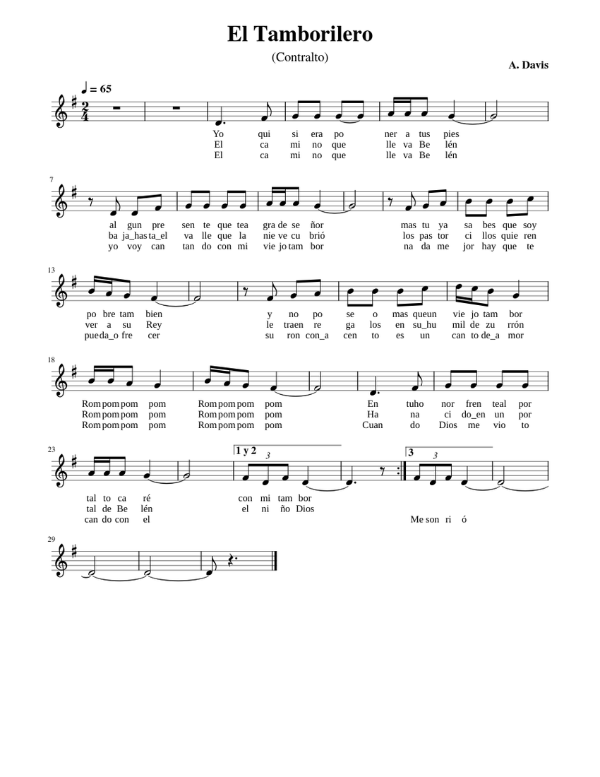 El Tamborilero (Contralto) Sheet Music for Alto (Choral) | MuseScore.com