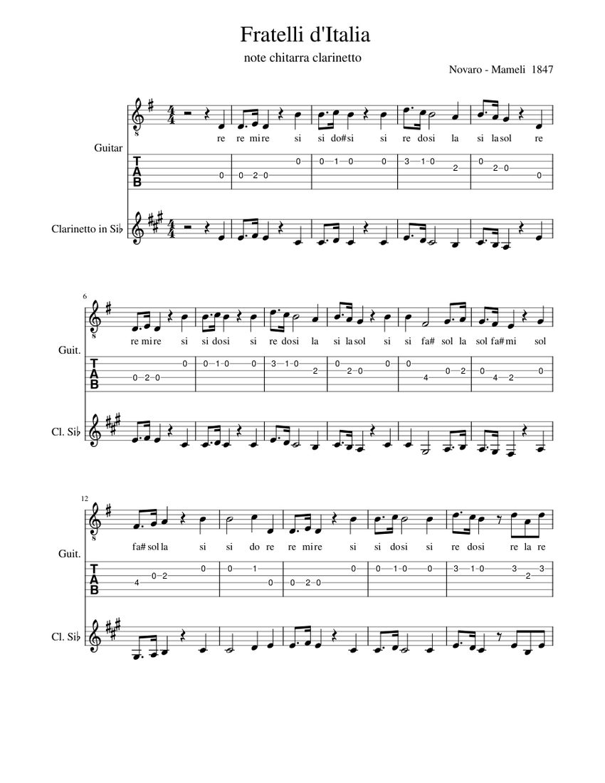 Fratelli d'Italia - note chitarra clarinetto Sheet Music and Tab for ...