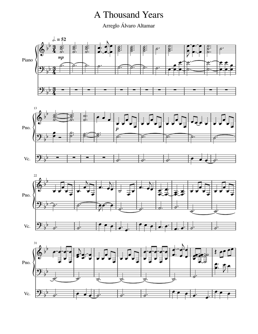 A Thousand Years Arreglo Alvaro Altamar Sheet music for Piano, Cello ...